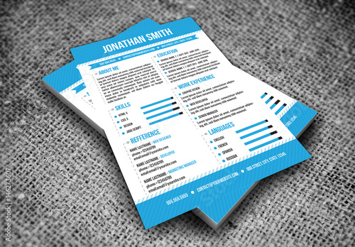 Resume Layout with Blue Header and Footer Stock Template | Adobe Stock