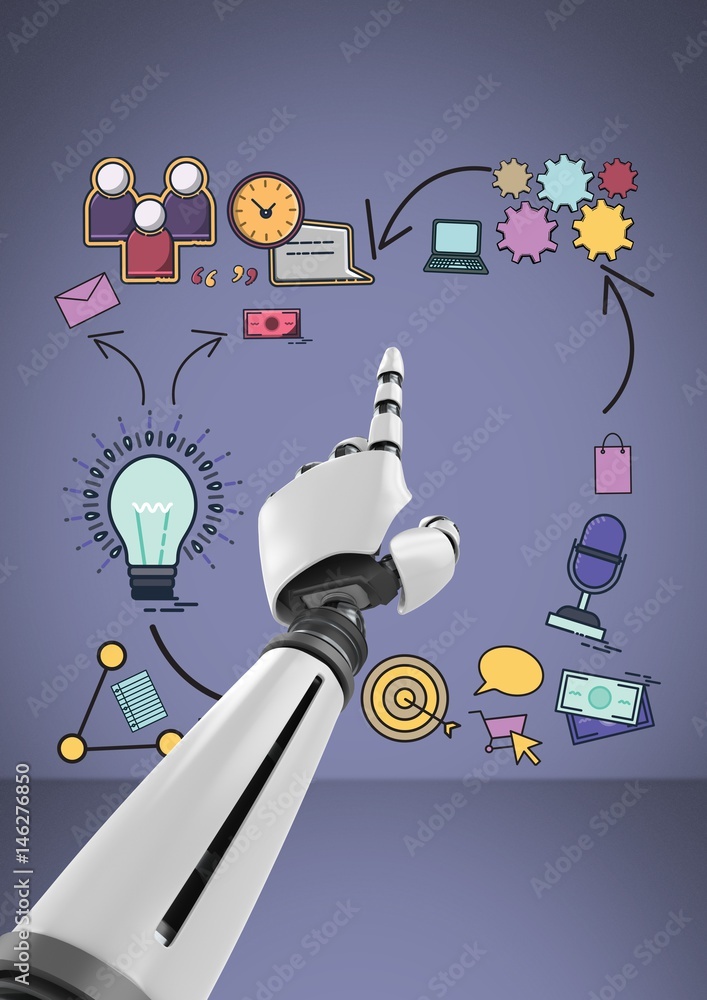 Android hand pointing with Business graphics drawings icons Stock Photo ...