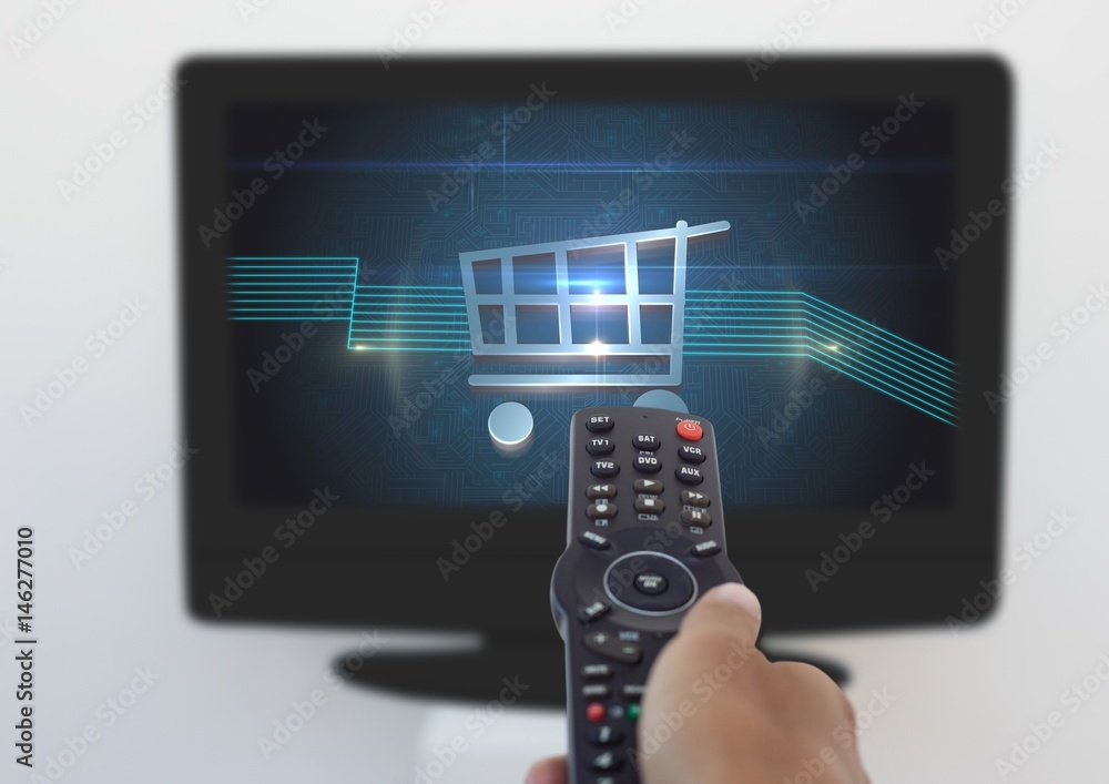 Person using Tv Remote with Shopping trolley icon Stock-Foto | Adobe Stock