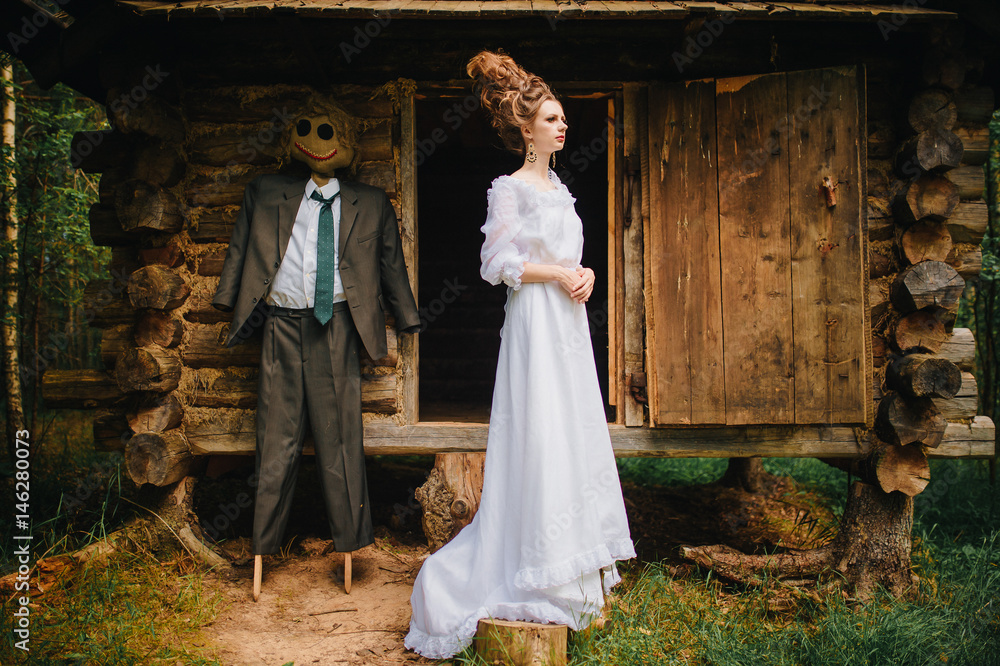 Young beautiful skinny bride girl in vintage wedding dress and ...