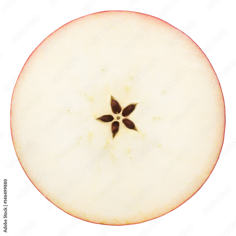 the cut apple in half, in the middle a seed, separately on a white ...