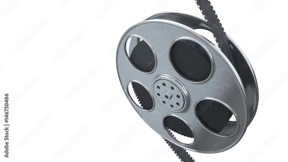 Film reel isolated on white background. Closeup with area for a text ...