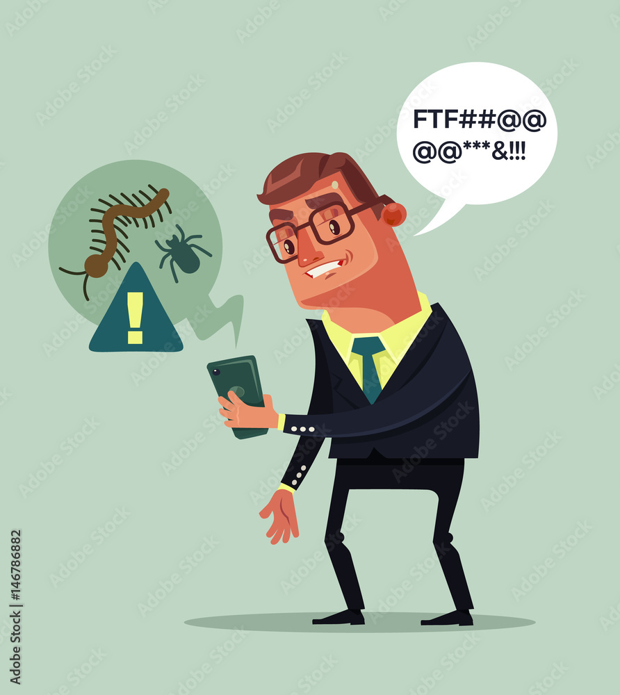 Hacker viruses attack smartphone. Shocked man character. Vector flat ...