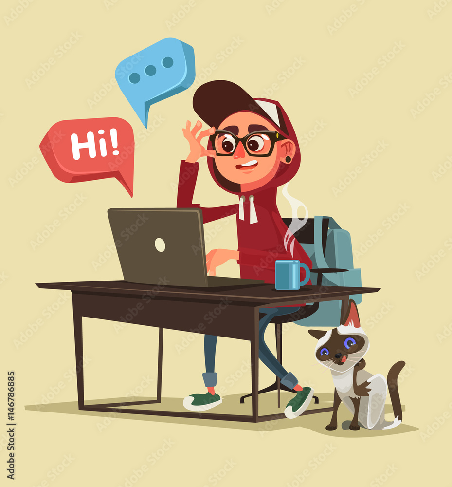 Teen happy smiling boy character talking and chatting on network ...