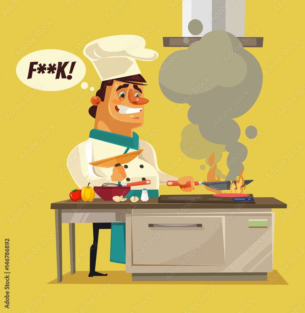 Angry sad bad chef character burn food. Vector flat cartoon ...