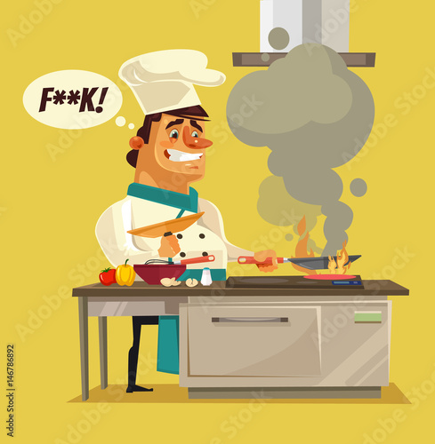 Angry sad bad chef character burn food. Vector flat cartoon ...