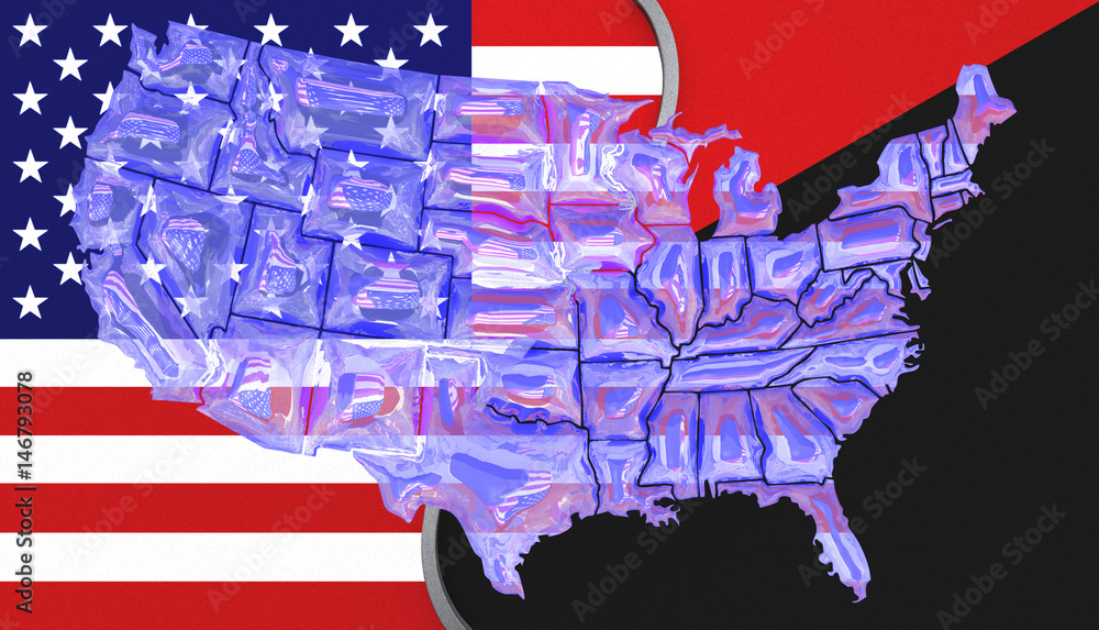 3D illustration. USA flag and an Antifa flag with a see through map of ...