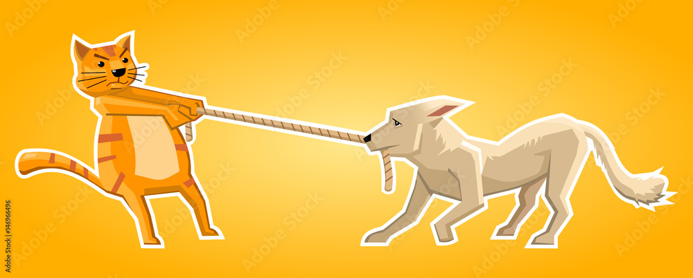 Illustration of a cat and dog pulling rope. Cat and dog fight, domestic ...