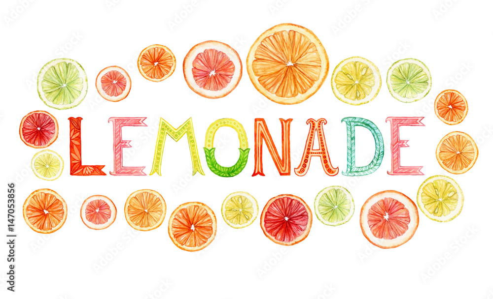 Watercolor hand painted word lemonade in frame of citrus fruits slices ...
