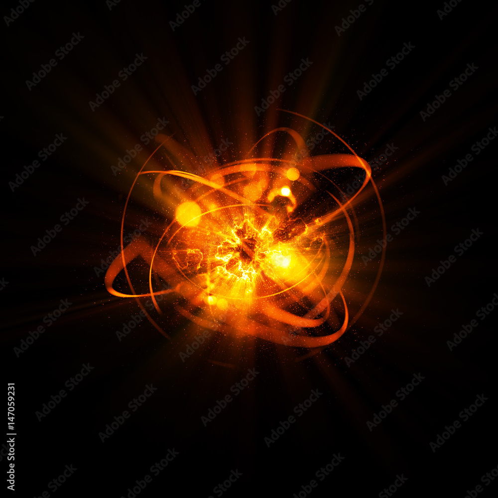 3D Atom icon. Luminous nuclear model on dark background. Glowing energy ...