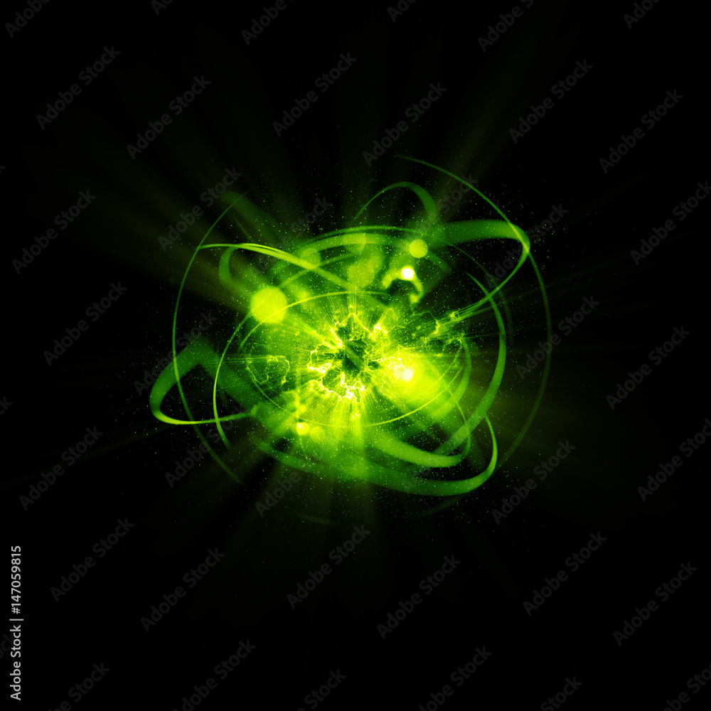 3D Atom icon. Luminous nuclear model on dark background. Glowing energy ...