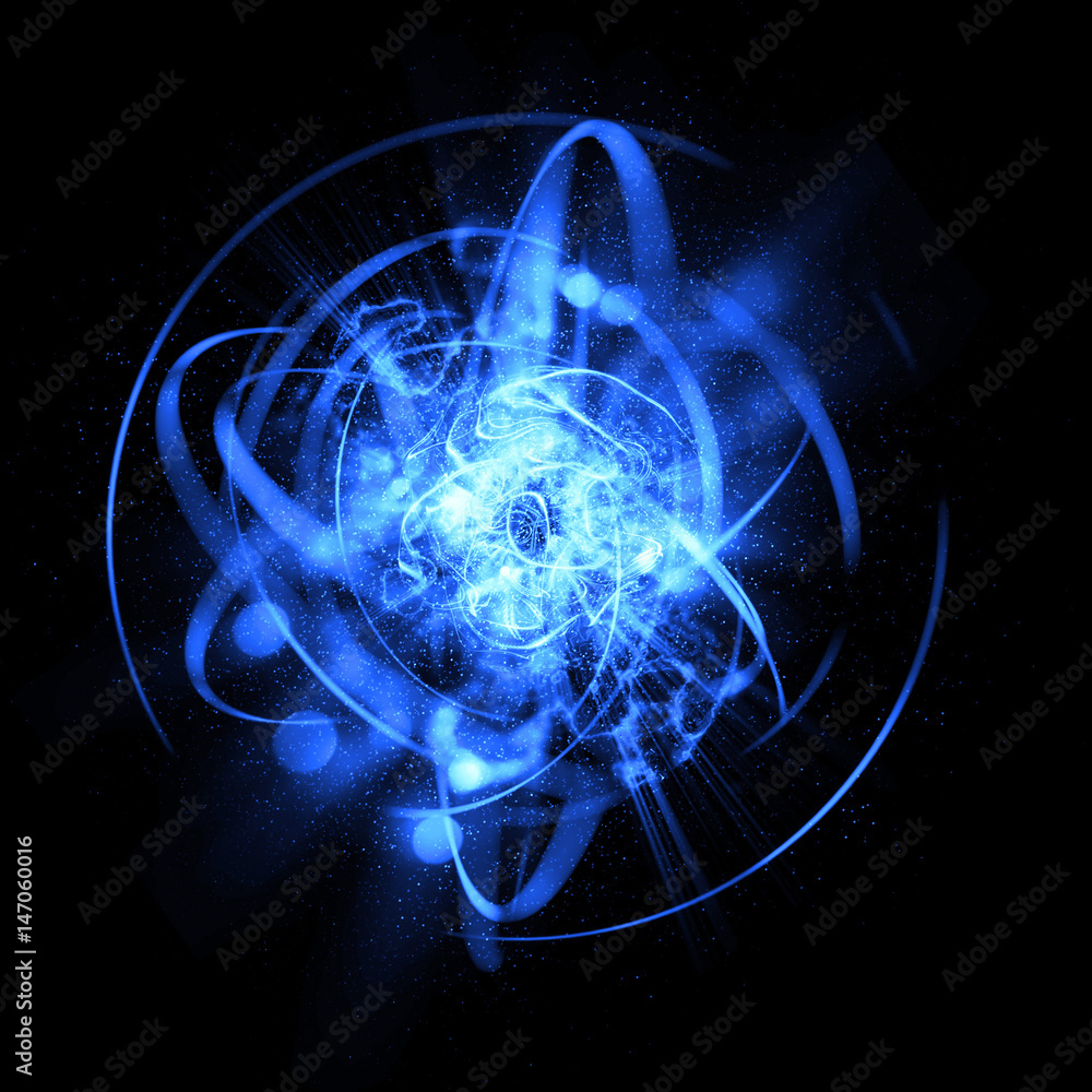 3D Atom icon. Luminous nuclear model on dark background. Glowing energy balls. Molecule ...