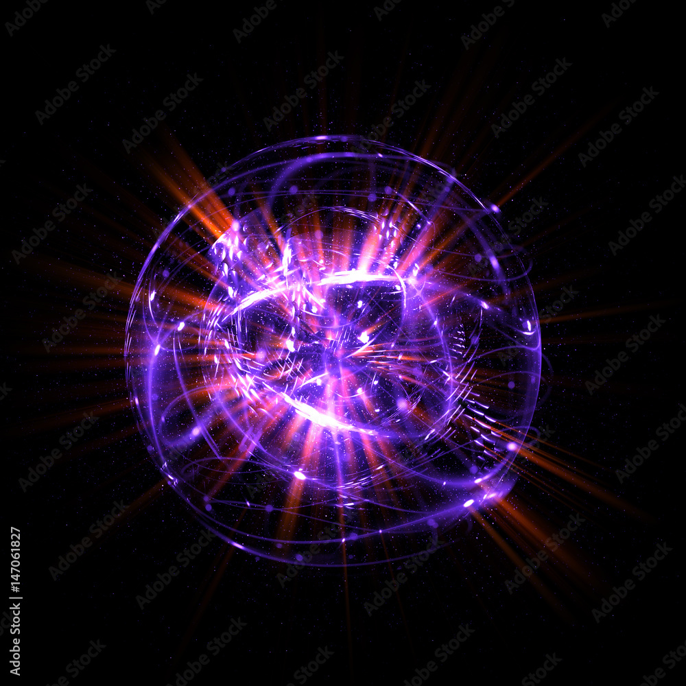 3D Atom icon. Luminous nuclear model on dark background. Glowing energy ...