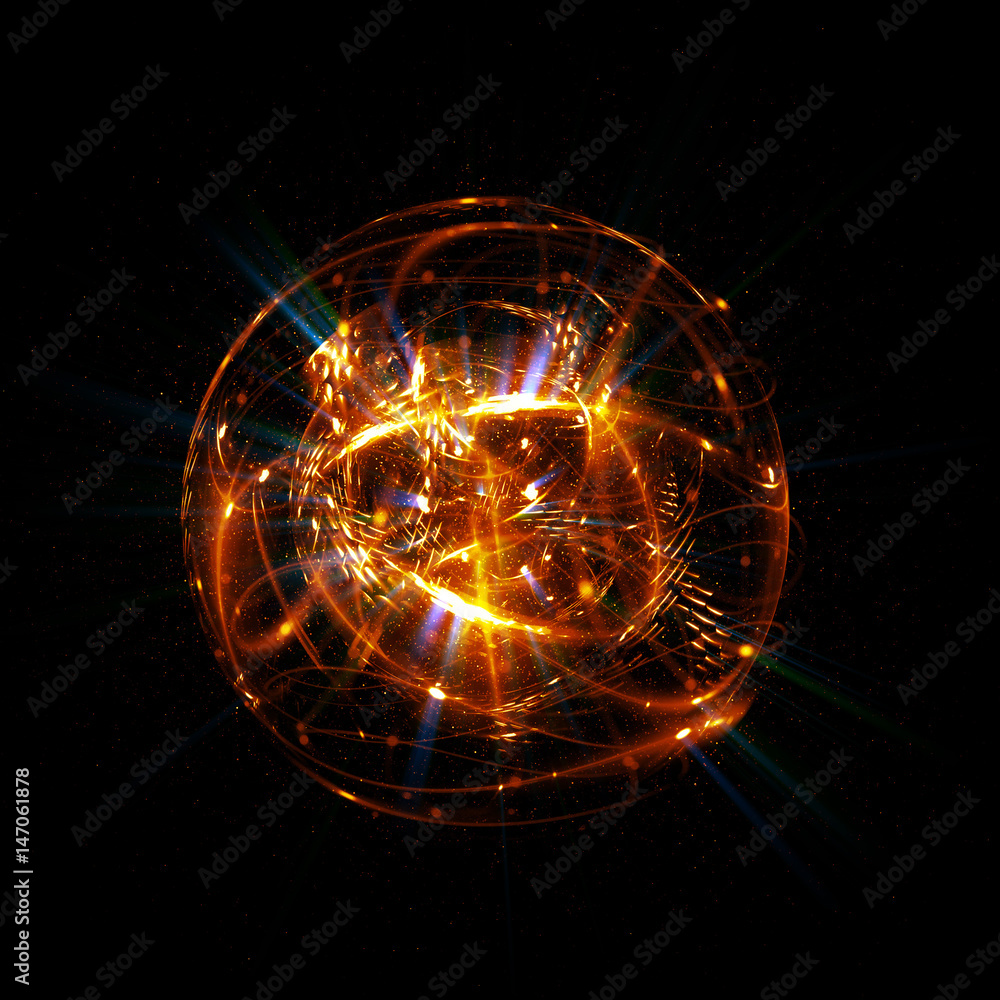 3D Atom icon. Luminous nuclear model on dark background. Glowing energy ...
