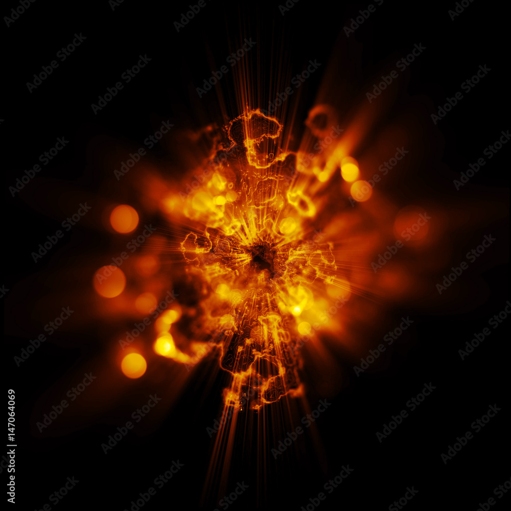 3D Atom icon. Luminous nuclear model on dark background. Glowing energy ...