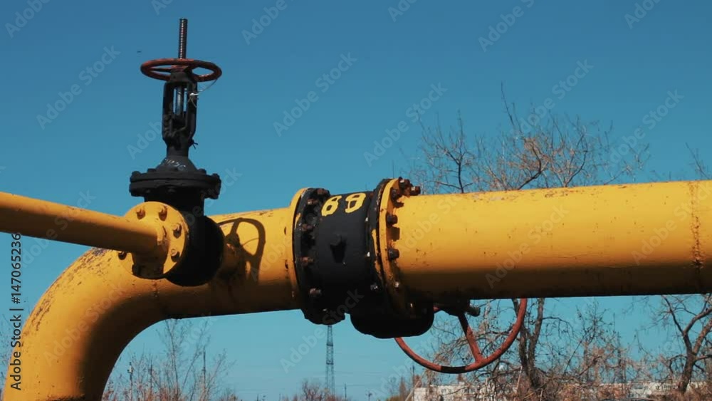 Gas and oil refining industry. Pipeline with shut-off valve ...