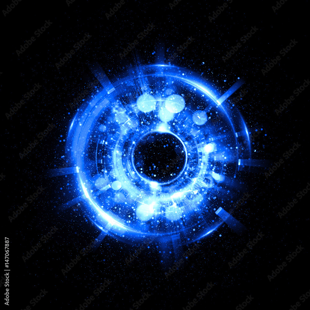 3D Atom icon. Luminous nuclear model on dark background. Glowing energy ...