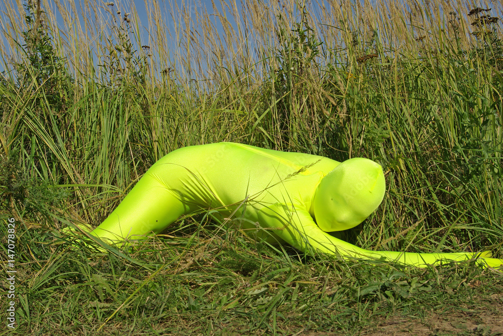 Foto Stock ufo alien strange faceless creature on the field | Adobe Stock