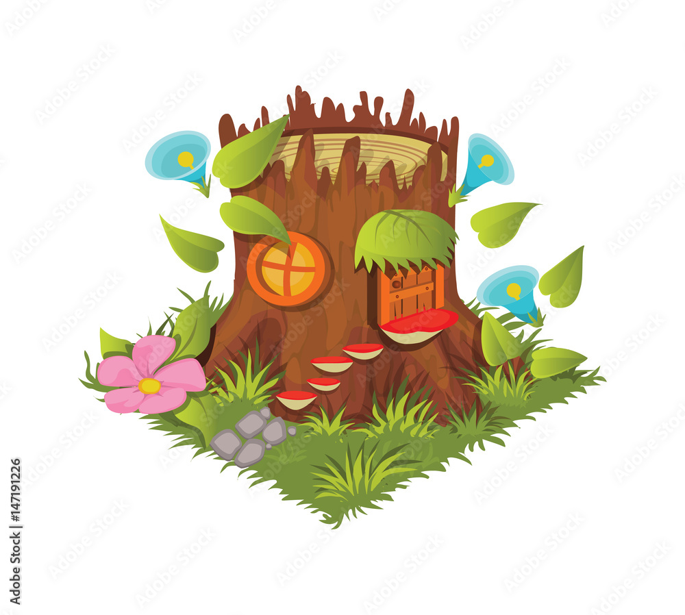 Isometric Cartoon Fantasy Tree Stump Village House Decorated with ...