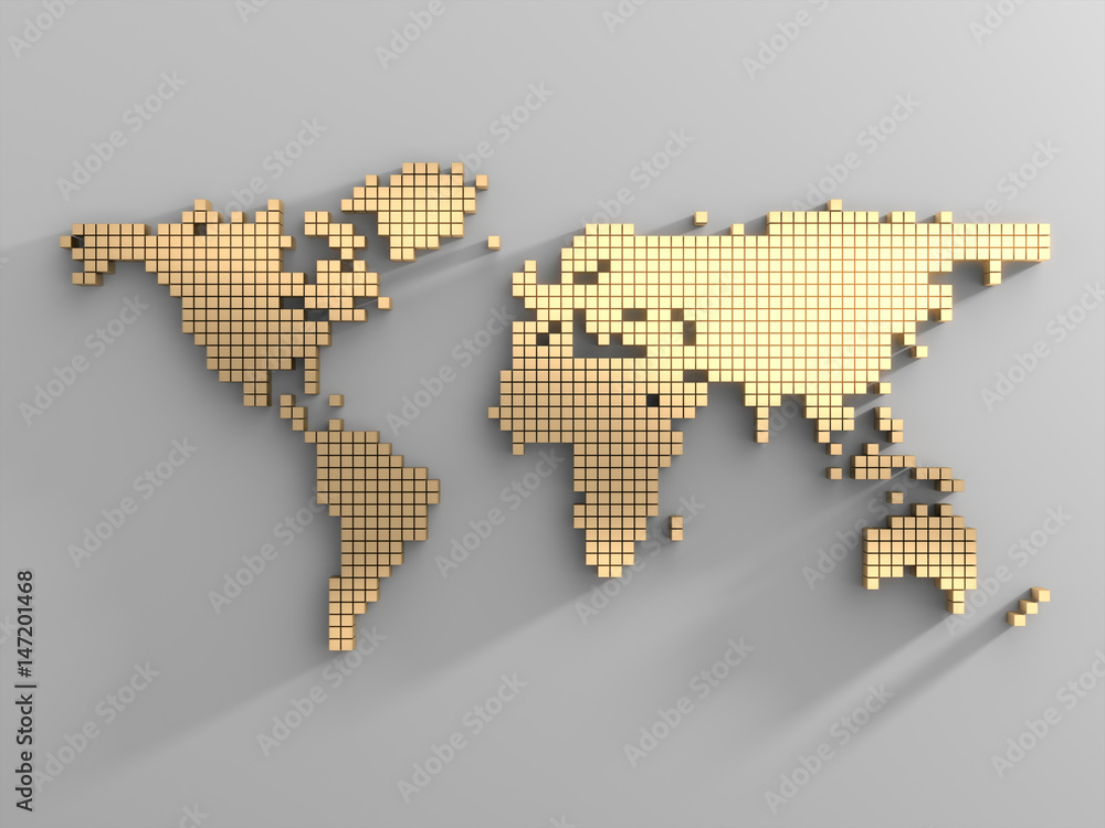 world map made by golden cube box on white wall.3D rendering. Stock ...