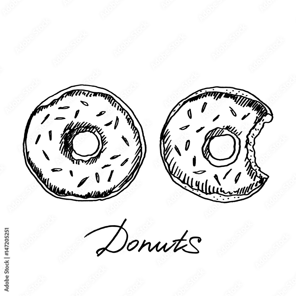 Hand drawn donut and eaten donut isolated on white background. Sketch ...
