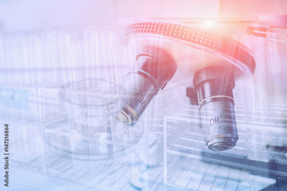 medical laboratory, scientist hands using microscope for chemistry test ...