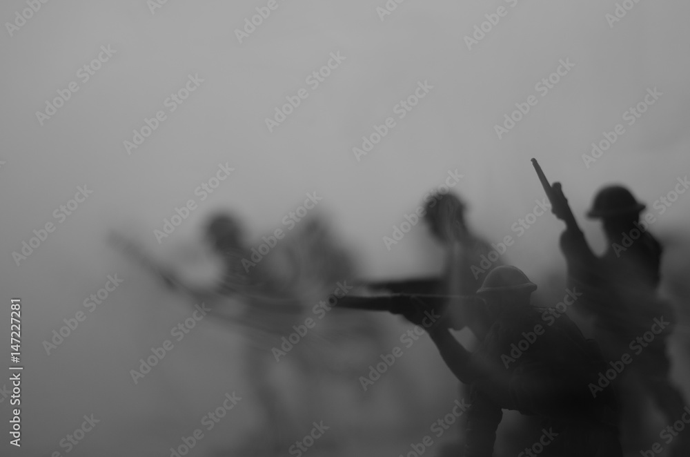 War Concept. Military silhouettes fighting scene on war fog sky ...
