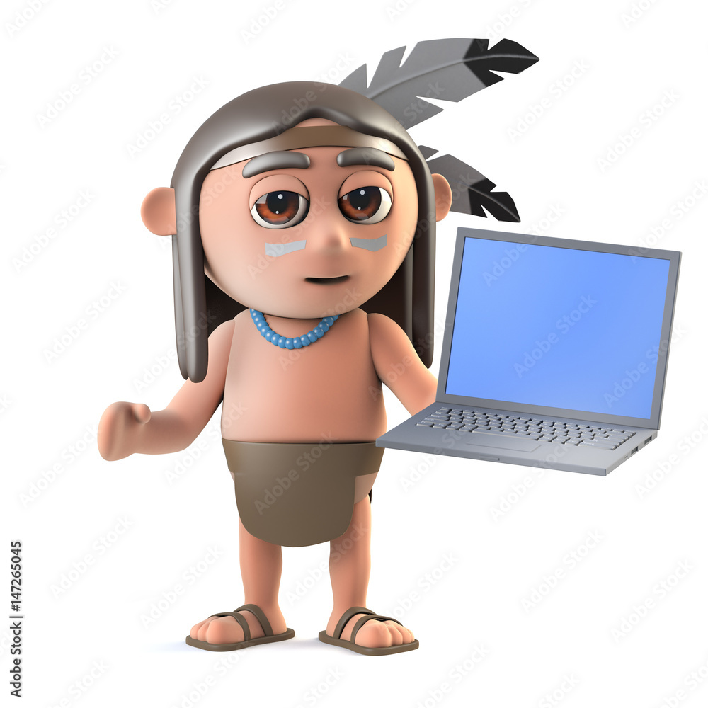 3d Funny cartoon Native American Indian character hold a laptop pc ...