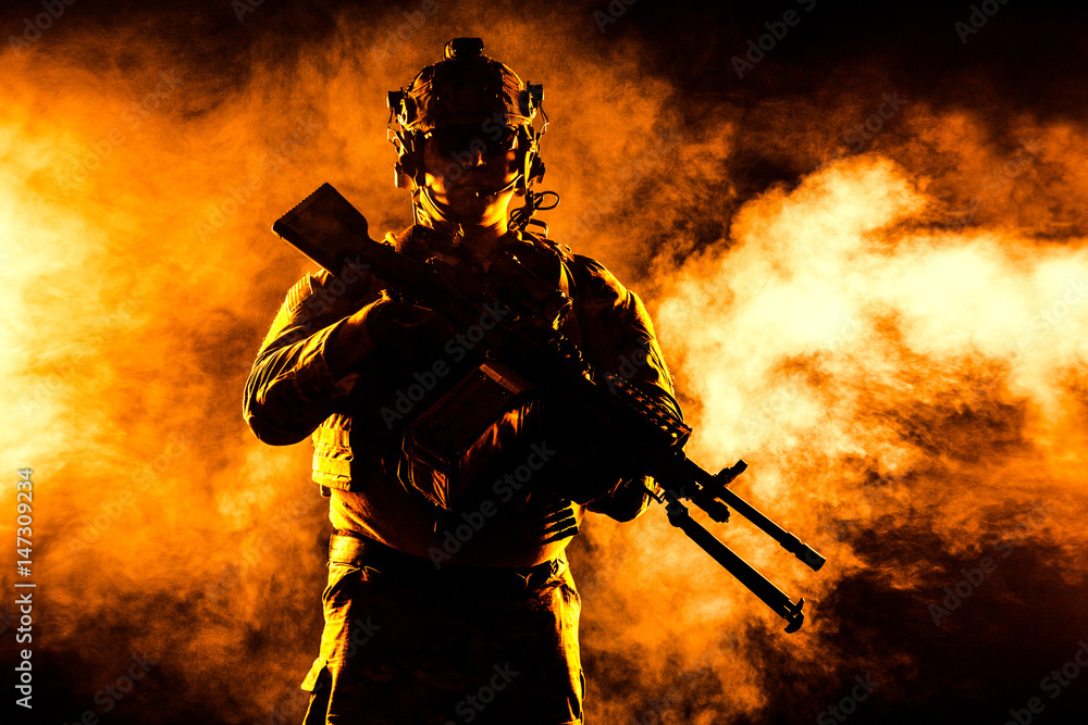 Army soldier in Combat Uniforms with machine gun, plate carrier and ...