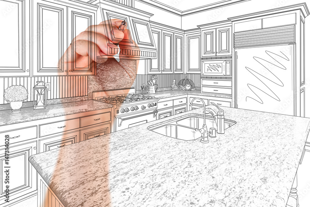 Hand of Architect Drawing Detail of Custom Kitchen Design Stock Photo ...
