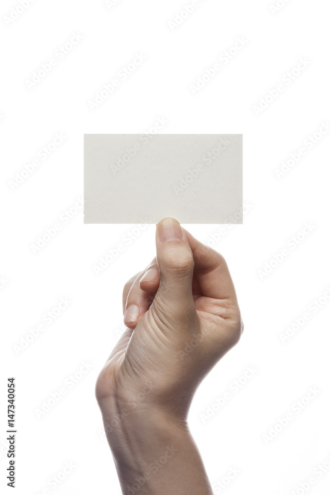 woman hand hold a white paper(name card) isolated white. Stock Photo ...