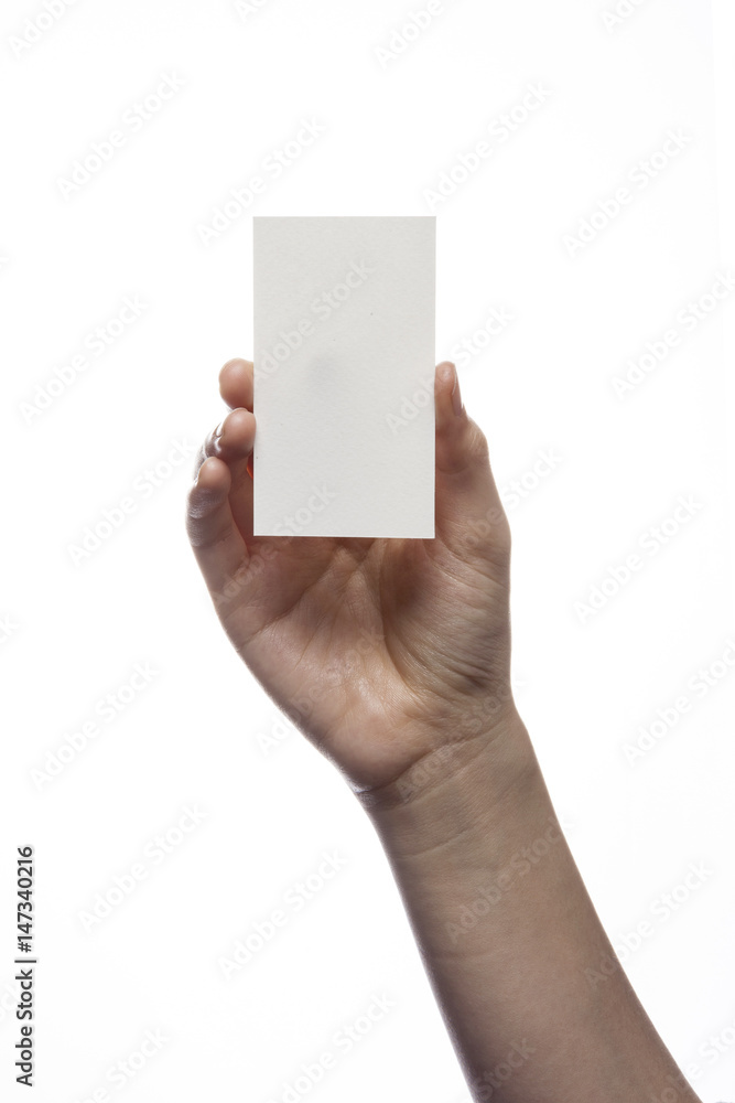 woman hand hold a white paper(name card) isolated white. Stock Photo ...