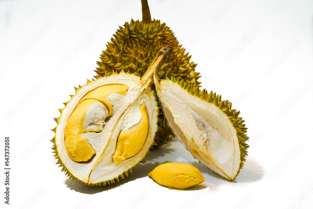 Fresh Cut Durian on white background, a close-up view of Durian, Durian ...