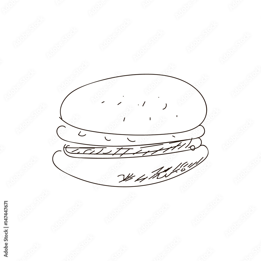 Hand drawn burger. outline drawing. Fast food products. Black line.fast ...
