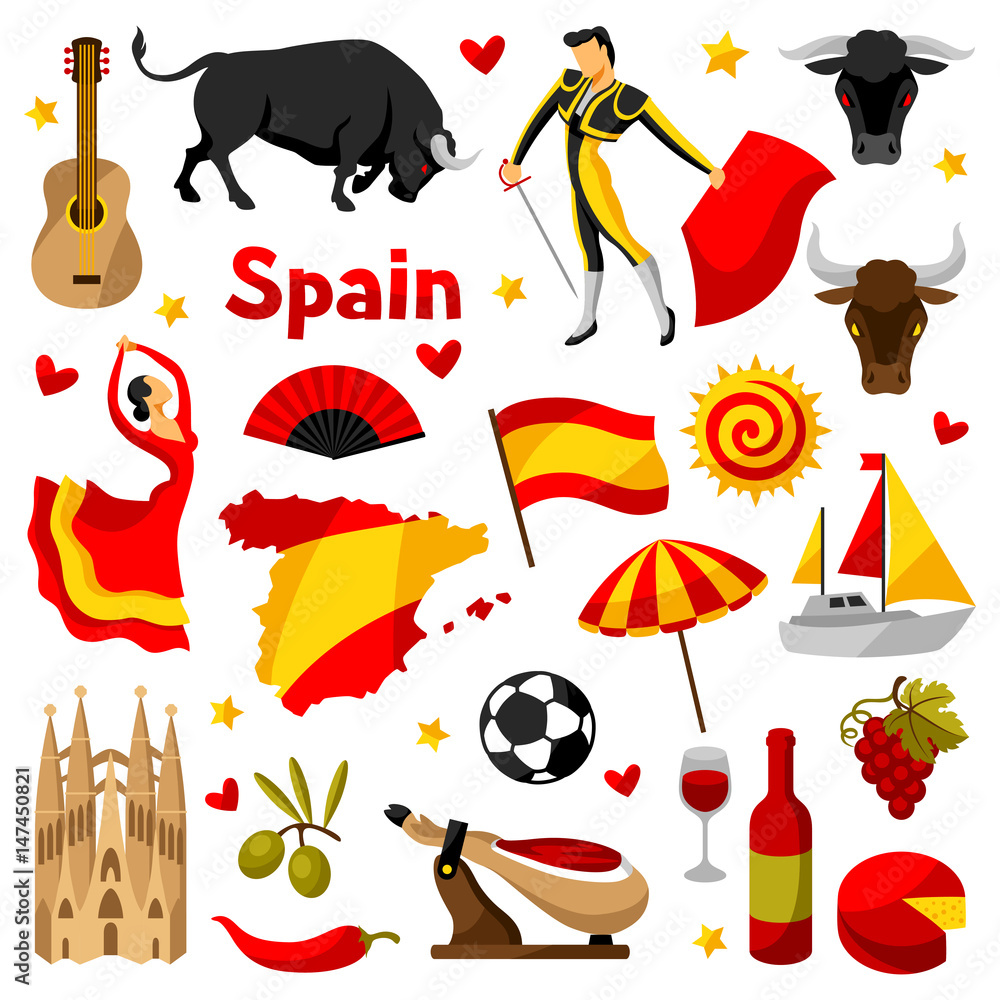 Spain icons set. Spanish traditional symbols and objects vector de ...