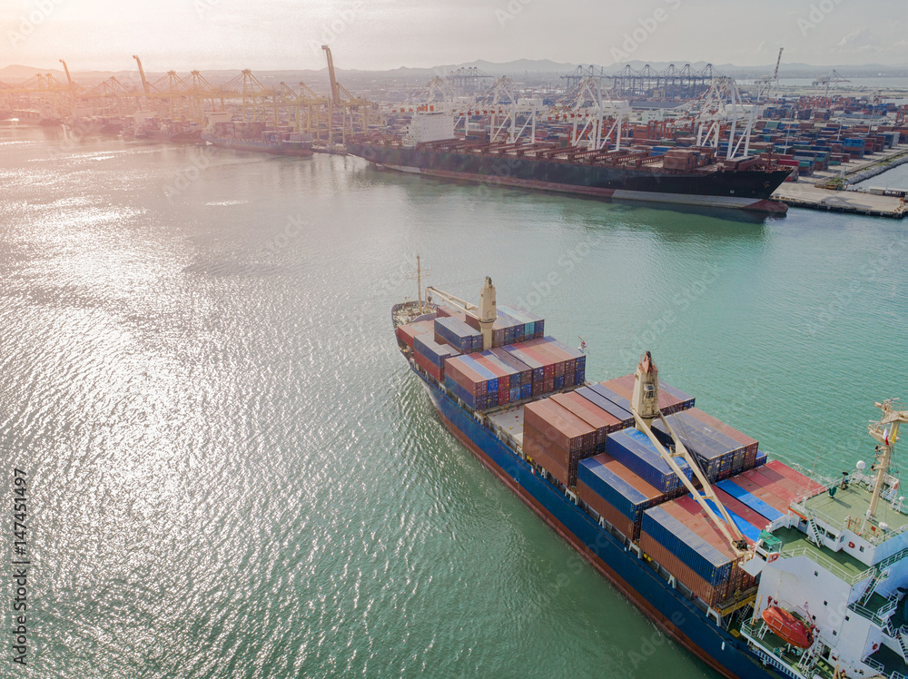 container vessel ship approach to the main entrance gate of the port in ...