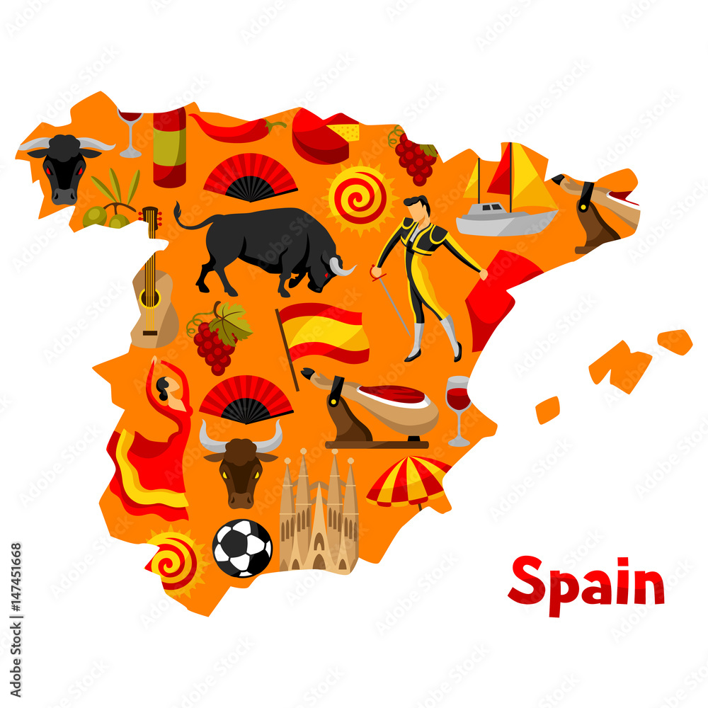 Map of Spain background design. Spanish traditional symbols and objects ...