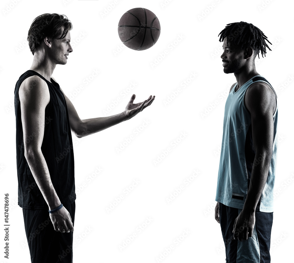 two basketball players men isolated in silhouette shadow on white ...