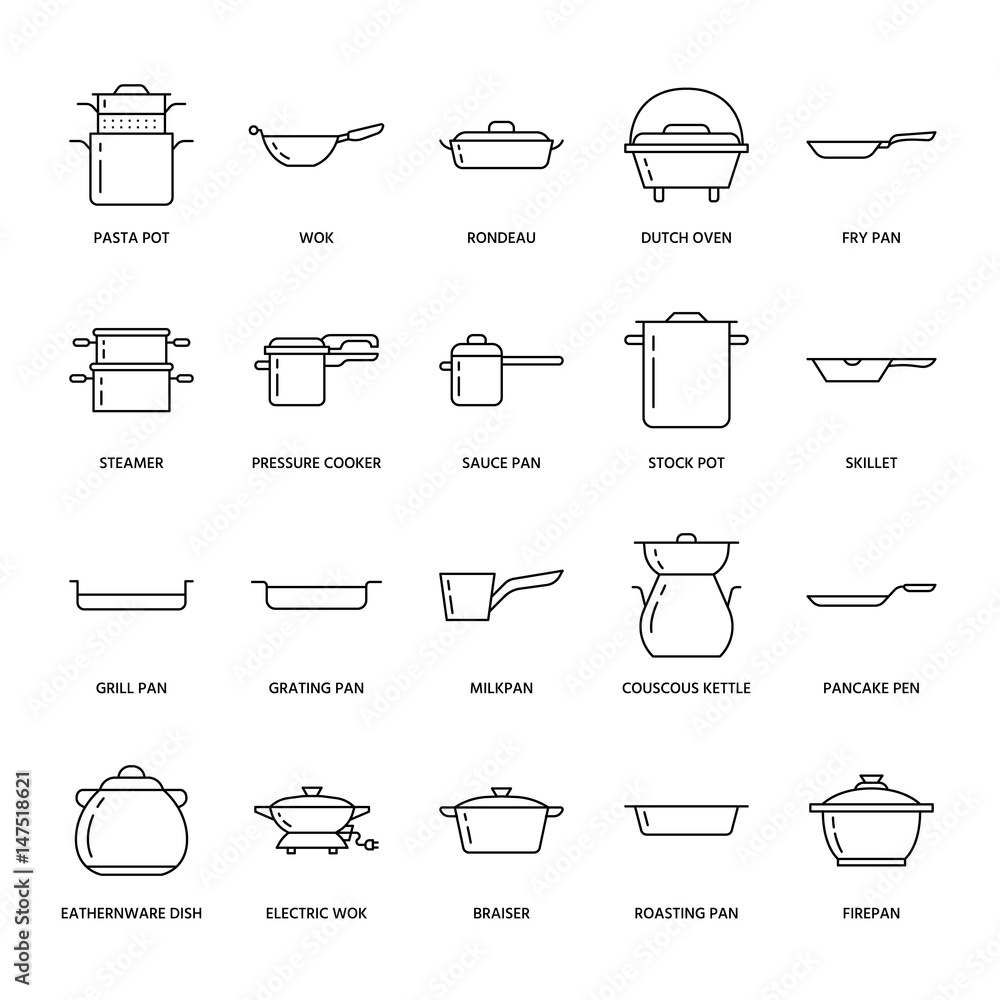 Pot, pan and steamer line icons. Restaurant professional equipment ...