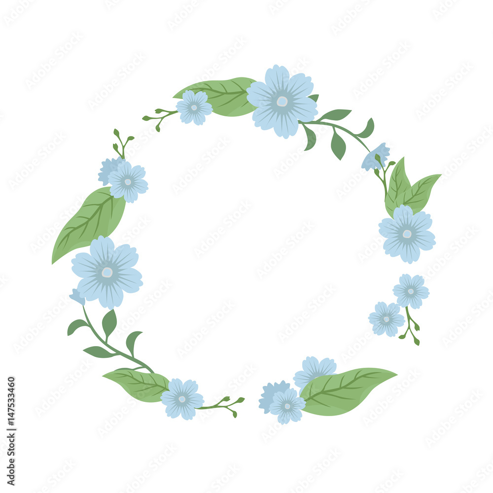 Vector round floral frame with blue flowers and green leaves for your ...