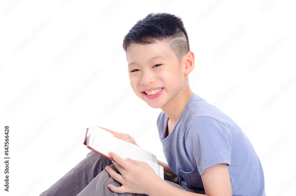 Young asian boy reading book over white background Stock Photo | Adobe ...