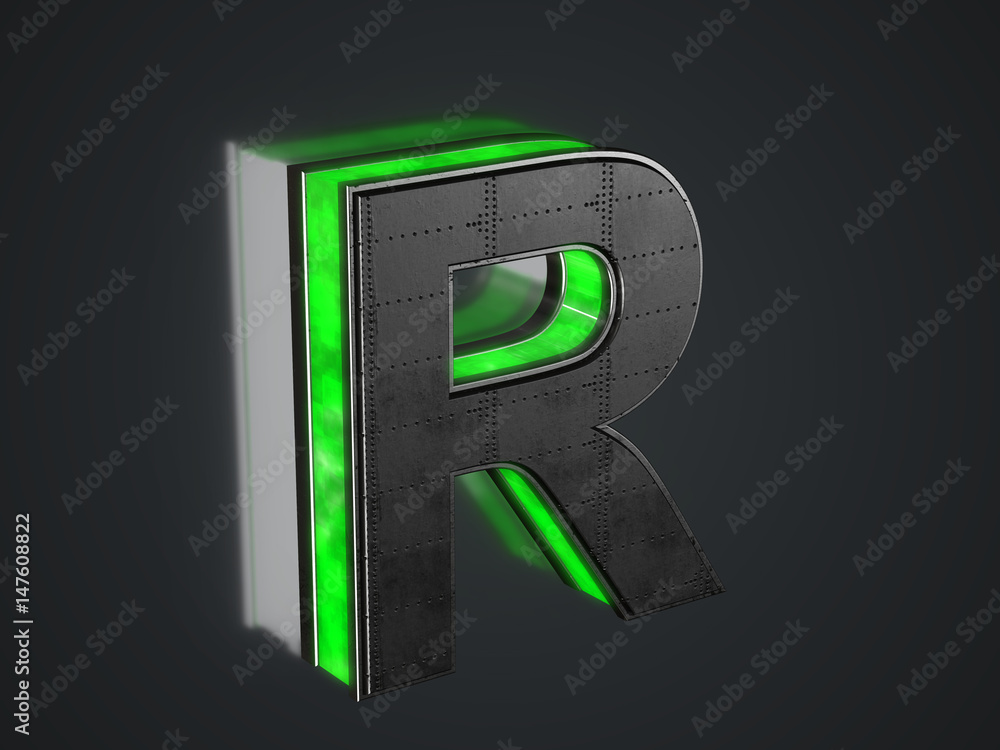 Futuristic letter R - black metallic extruded letter with green light ...