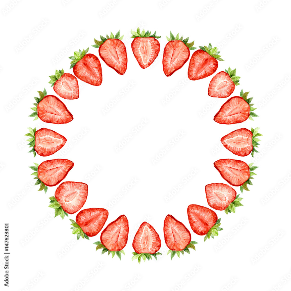 Watercolor strawberry slices circle frame isolated on white. Round ...