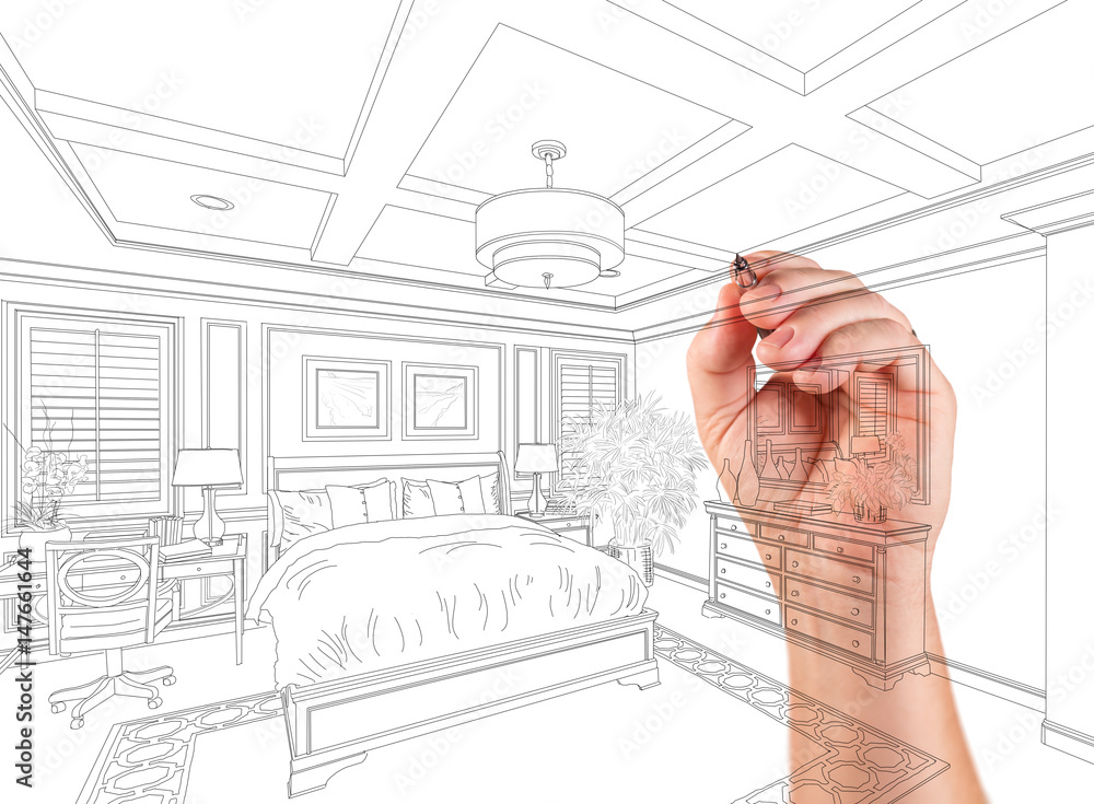 Hand Drawing Custom Master Bedroom Design On A White Background. Stock ...