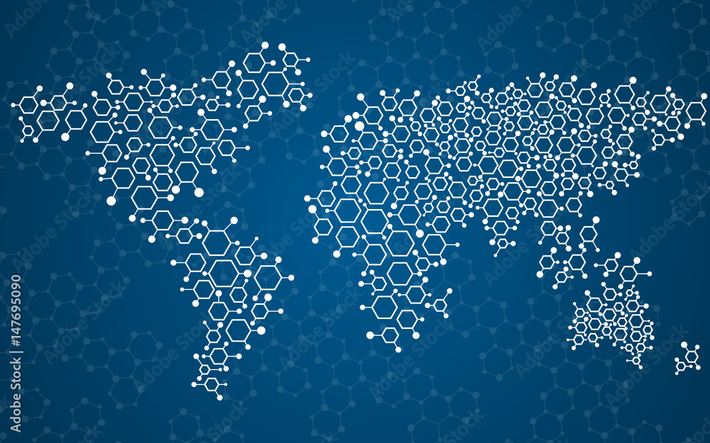 Abstract world map of hexagonal molecular structures. Stock ...