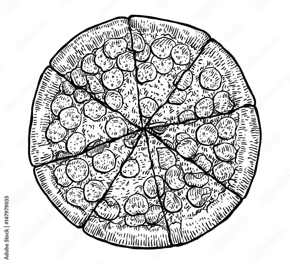 Pizza illustration, drawing, engraving, ink, line art, vector Stock ...