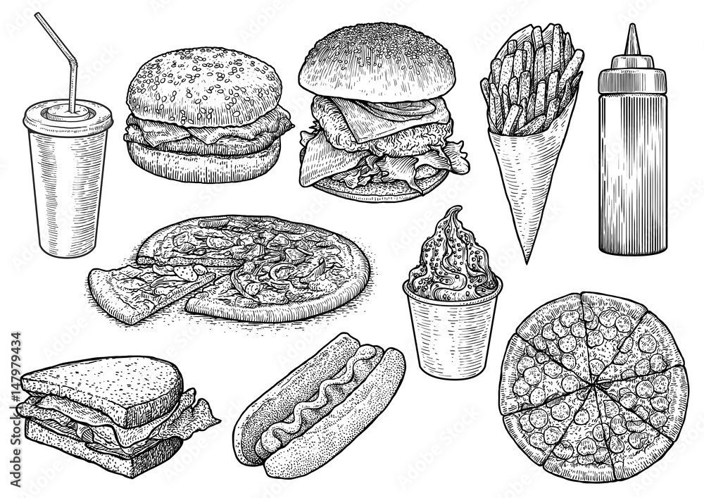 Fast food illustration, drawing, engraving, ink, line art, vector Stock ...