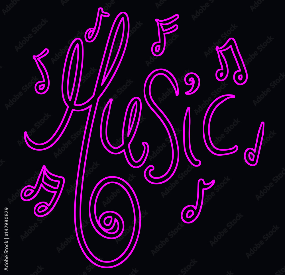 MUSIC Word and Notes Neon Lettering Style Stock Vector | Adobe Stock
