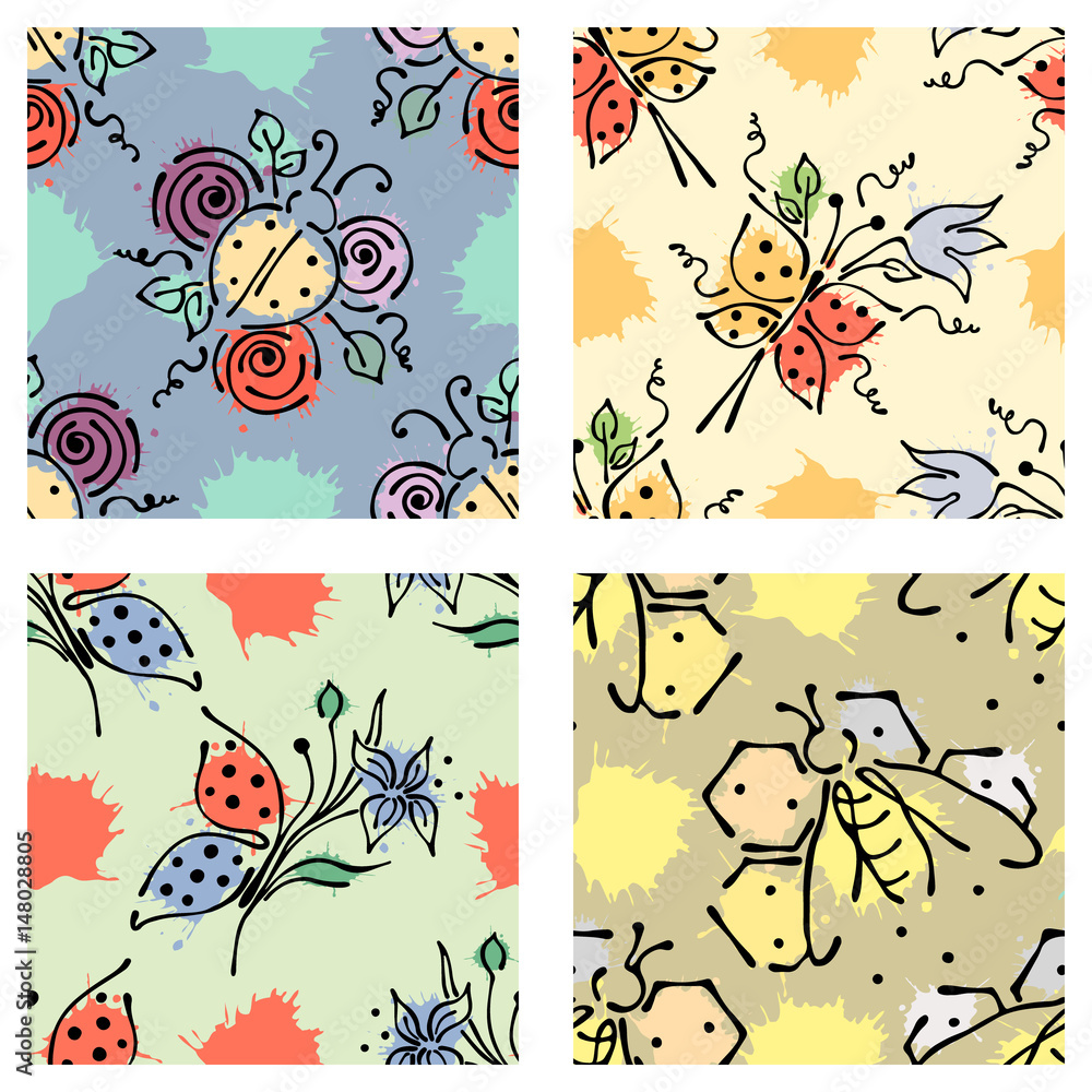 Vector seamless floral pattern with butterfly flowers, leaves ...