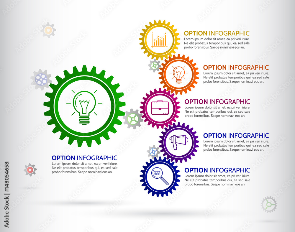 Infographic design template with gear chain. Colorful gear symbol with ...